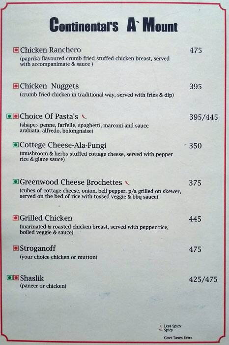 Menu at Skyline, Lucknow