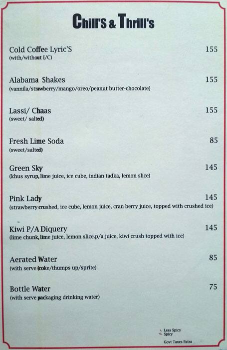 Menu at Skyline, Lucknow