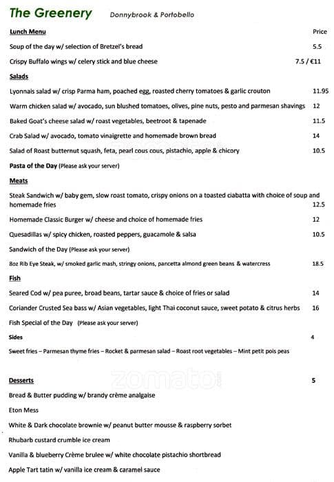 Menu at The Greenery Lennox cafe, Dublin