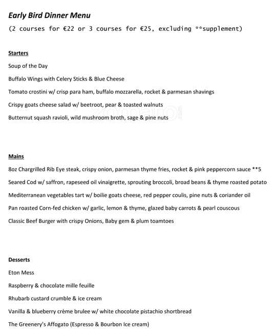 Menu at The Greenery Lennox cafe, Dublin