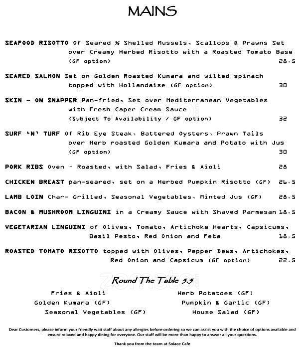 Menu at Solace Cafe & Restaurant, Rotorua