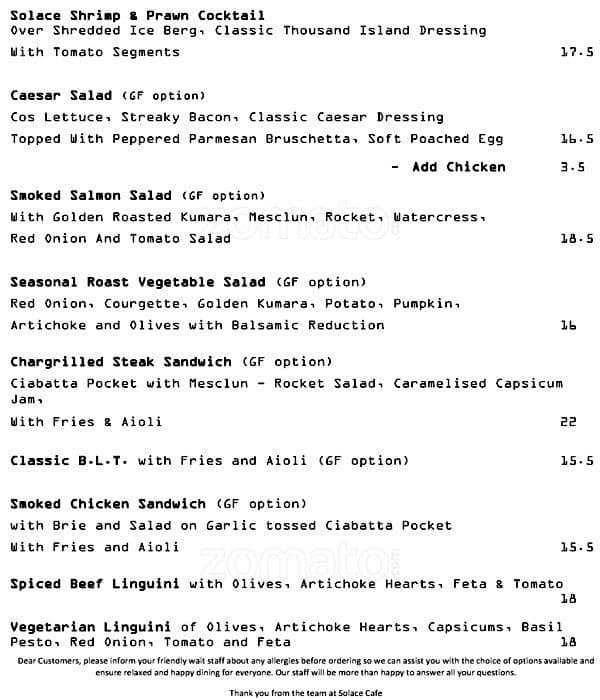 Menu at Solace Cafe & Restaurant, Rotorua