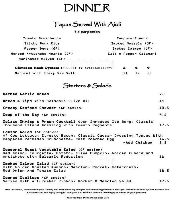 Menu at Solace Cafe & Restaurant, Rotorua