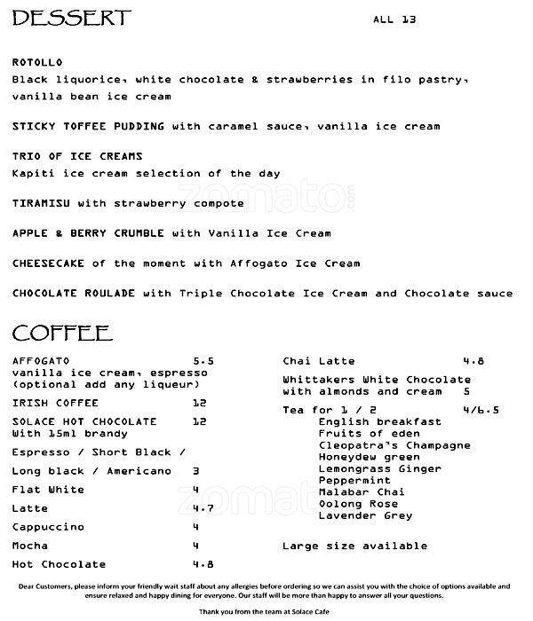 Menu at Solace Cafe & Restaurant, Rotorua