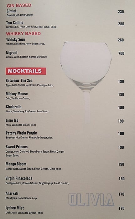 Menu at Olivia, Pune, 68 Karve Road
