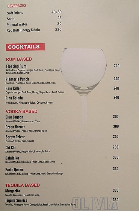 Menu at Olivia, Pune, 68 Karve Road