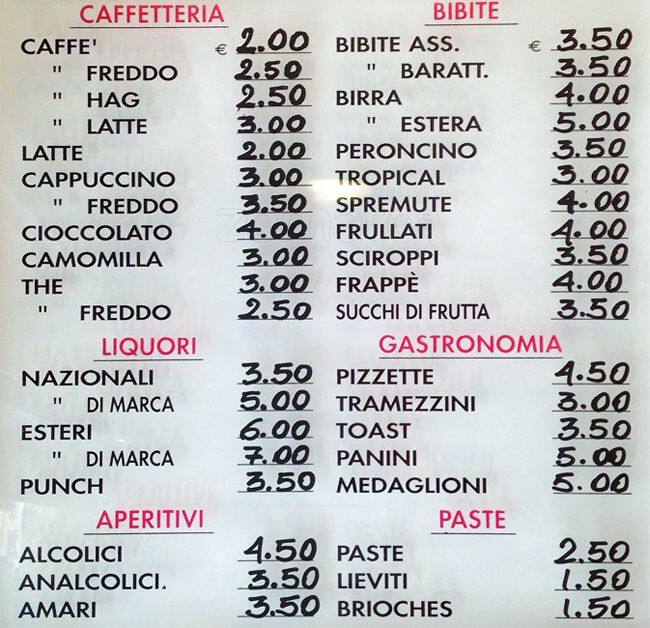 Bar Mauro a Roma: Foto del Menu con Prezzi - Zomato Italia