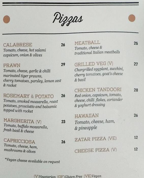 Menu at Chapelli's restaurant, South Yarra