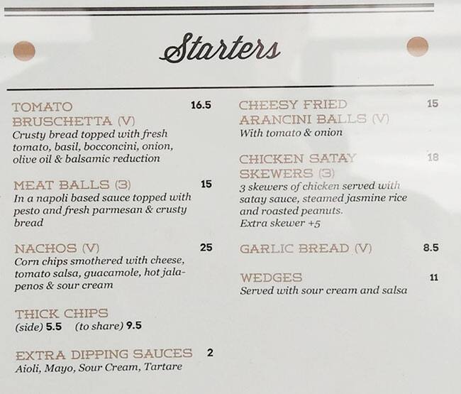 Menu at Chapelli's restaurant, South Yarra