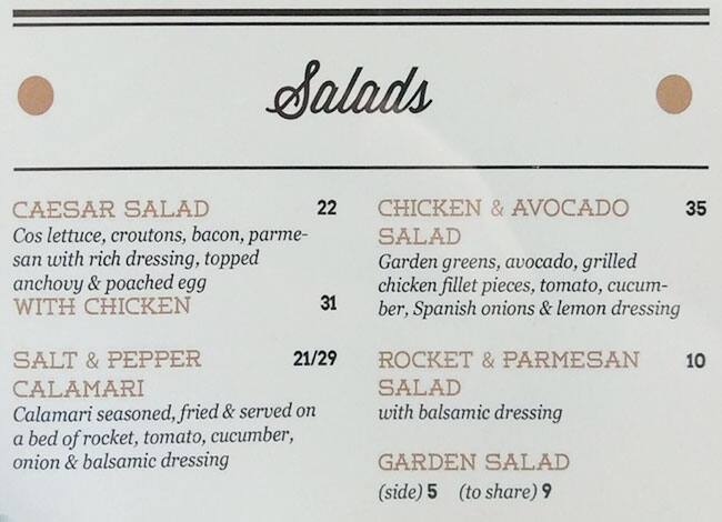 Menu at Chapelli's restaurant, South Yarra