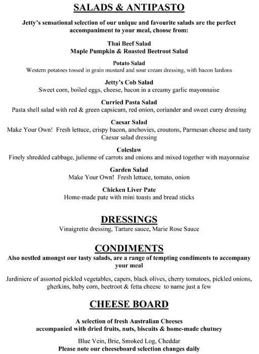 Menu at Jetty's Restaurant, Hillarys, Hillarys Boat Harbour