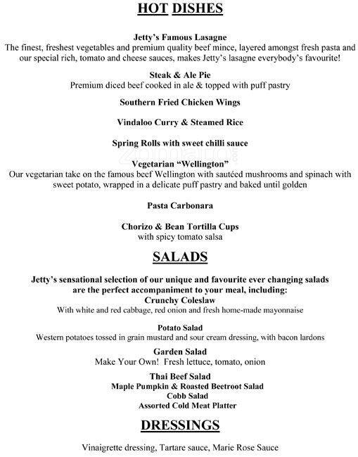 Menu at Jetty's Restaurant, Hillarys, Hillarys Boat Harbour