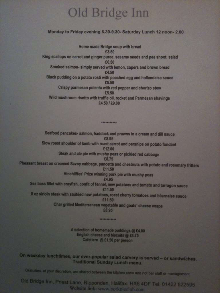 Menu at The Old Bridge Inn Ripponden pub & bar, Ripponden