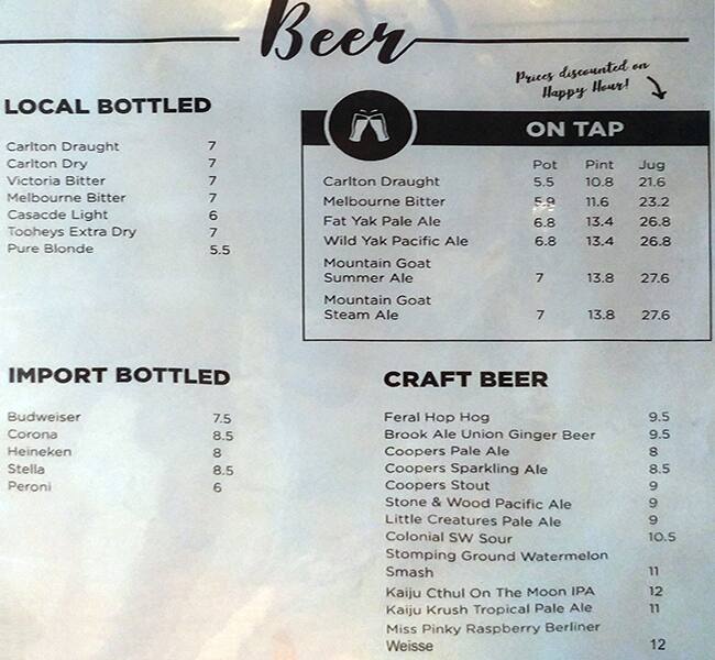 Menu at The Joint pub & bar, Melbourne