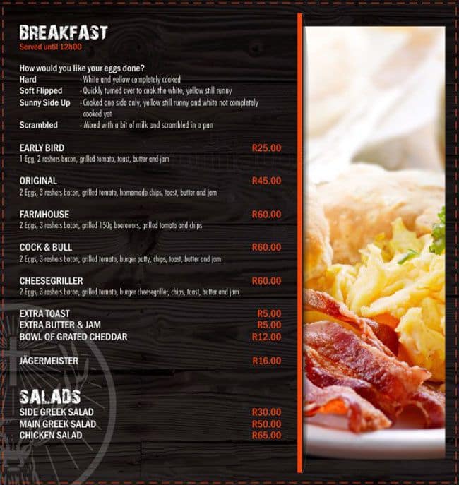 Menu at The Cock & Bull - Restaurant - Accommodation - Pub, Brits