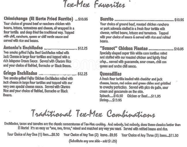 Menu at El Norte Mexican Grill restaurant, Plano
