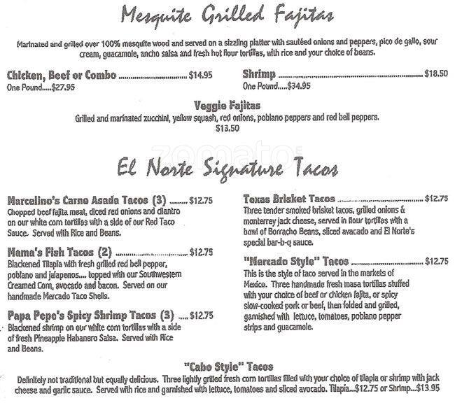 Menu at El Norte Mexican Grill restaurant, Plano