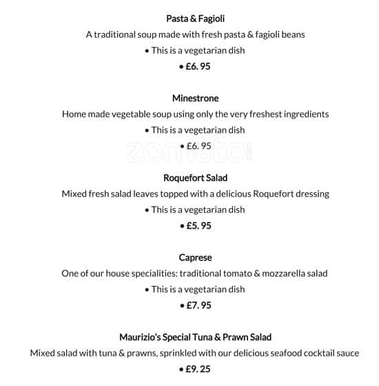 Menu at Maurizio's restaurant, Rickmansworth, 15 Church St
