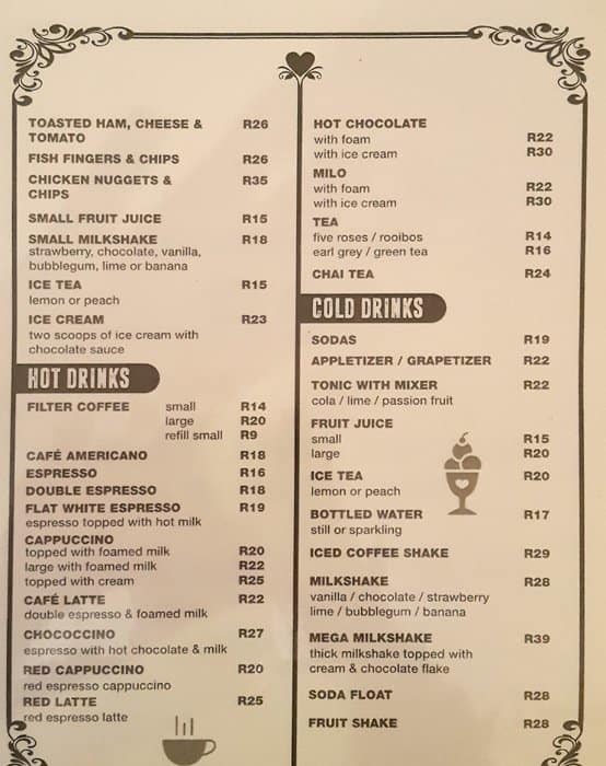 Menu at Chatters Café & Deli restaurant, Cape Town, 57 Lourensford Rd
