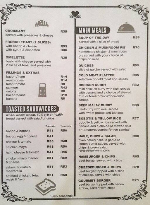 Menu at Chatters Café & Deli restaurant, Cape Town, 57 Lourensford Rd