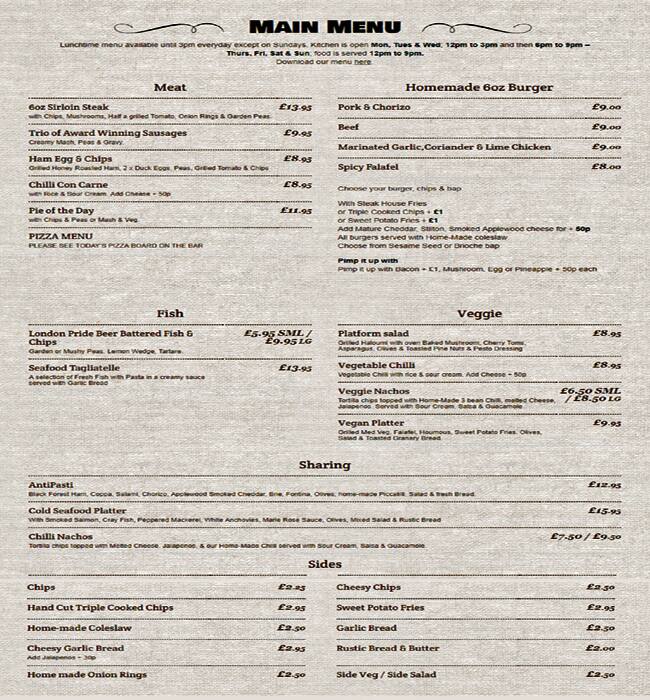 Menu at Platform Tavern pub & bar, Southampton