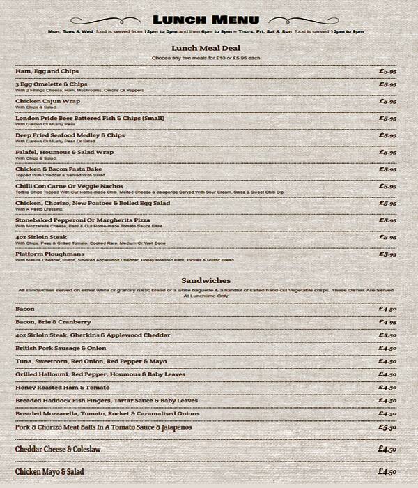 Menu at Platform Tavern pub & bar, Southampton
