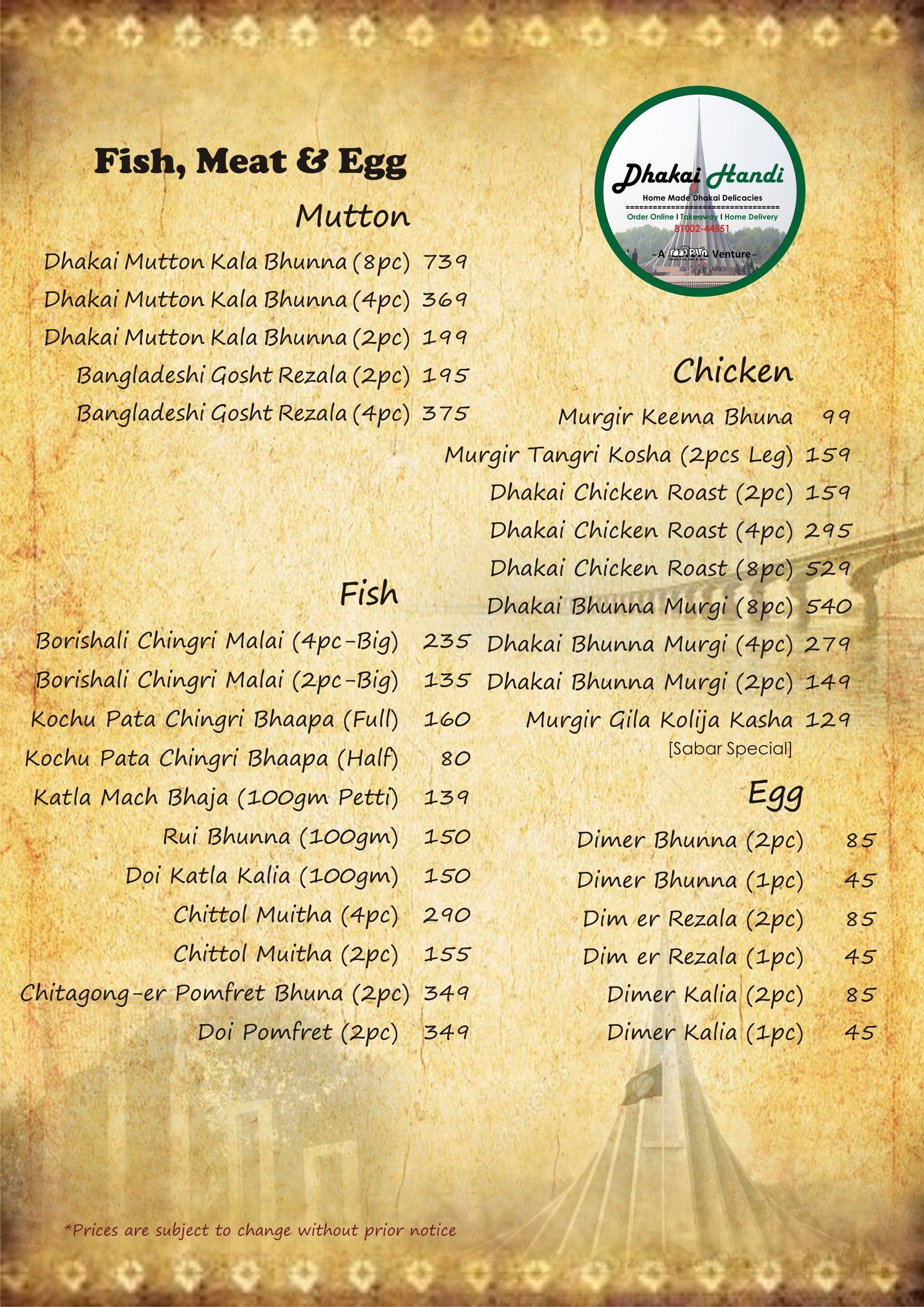 Menu at Dhakai Handi Restaurant, Kolkata, 124A