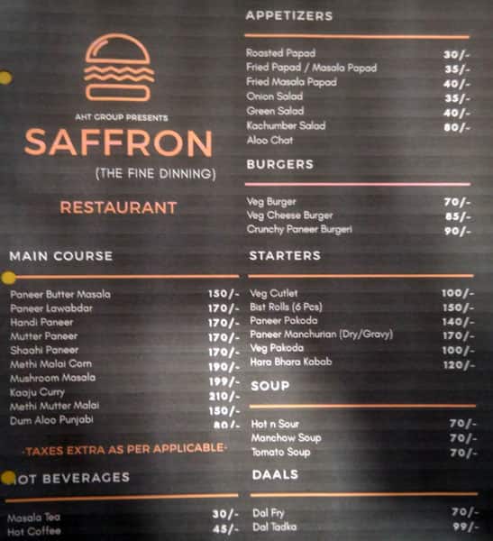 Menu of Saffron The Fine Dining Restaurant, Talwandi, Kota