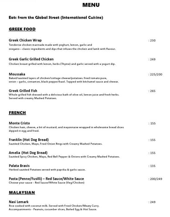 Menu of Mashed Potatoes, Whitefield, Bangalore