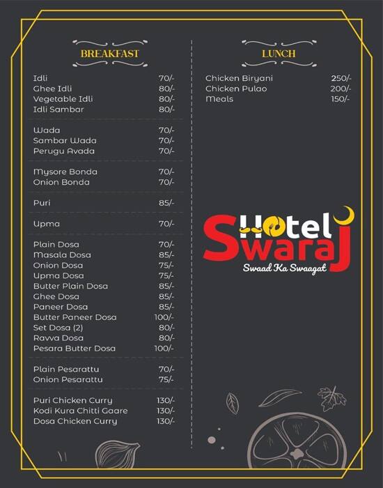 Menu of Hotel Swaraj, Madhapur, Hyderabad