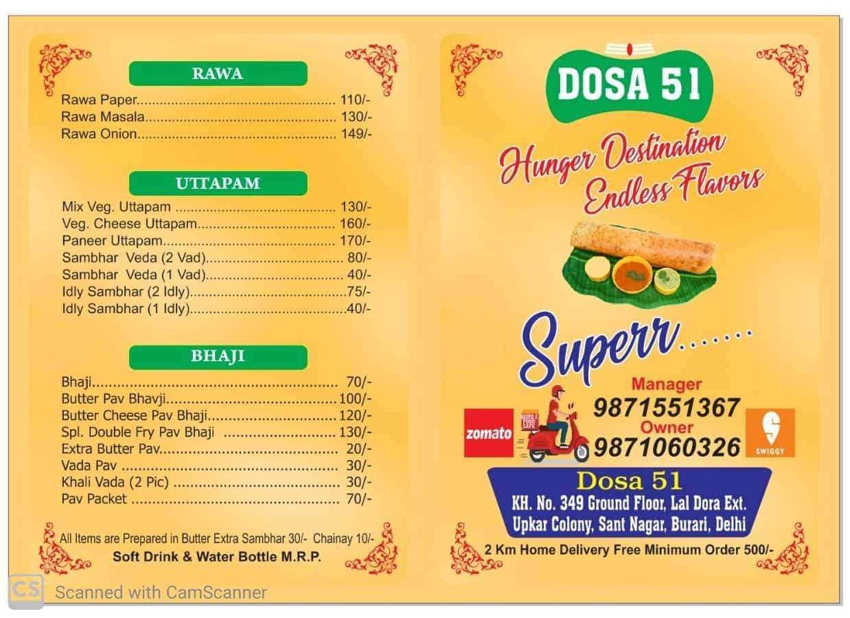 Menu of Dosa 51, Burari, New Delhi