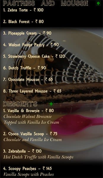 Menu at Zebra Cafe, Mumbai