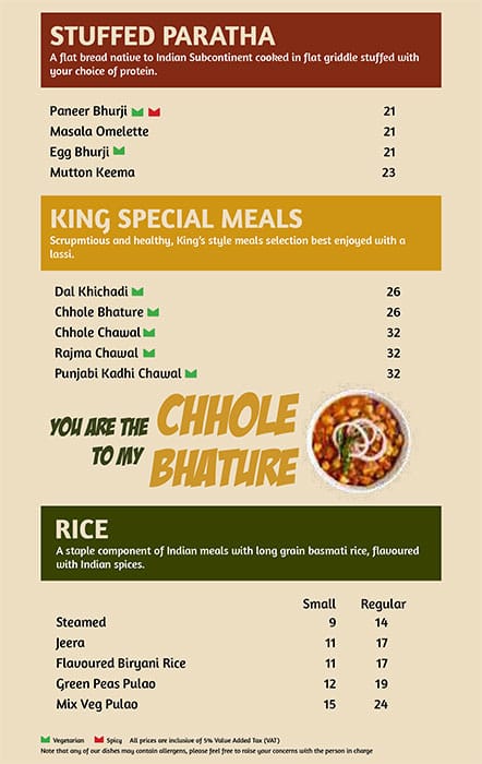 Menu at Kulcha King restaurant, Sharjah, King Faisal Street