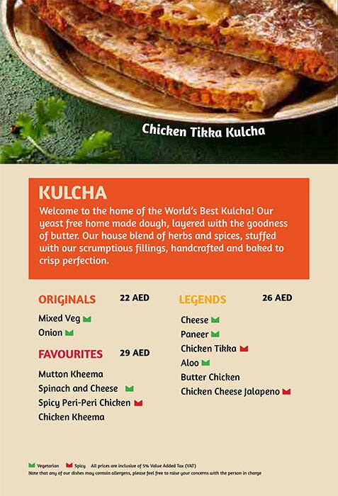 Menu at Kulcha King restaurant, Sharjah, King Faisal Street