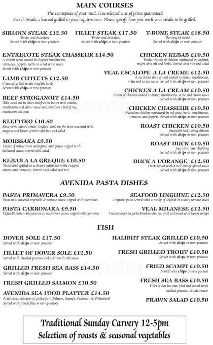 Menu at Avenida restaurant, Welling