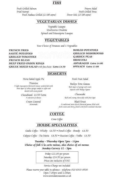 Menu at Avenida restaurant, Welling
