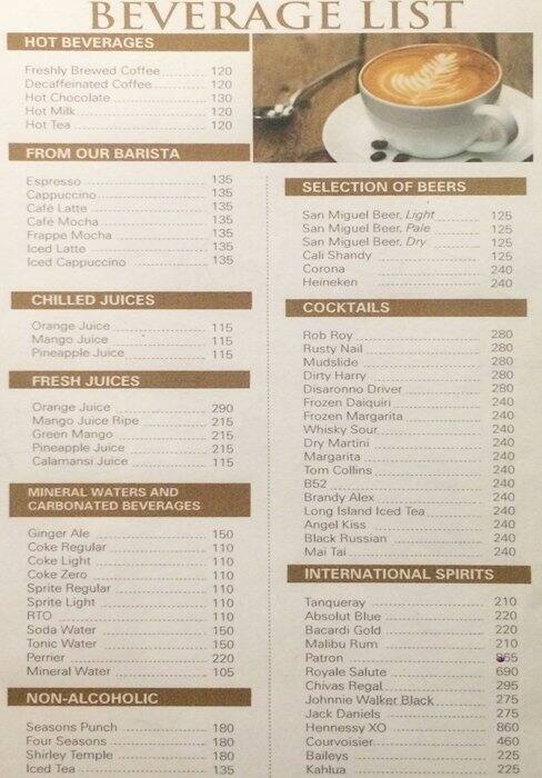 Menu at Seasons restaurant, Manila, United Nations Ave