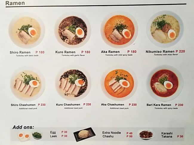 Carta del restaurante Ramen Kuroda Venice Grand Canal Mall, Taguig