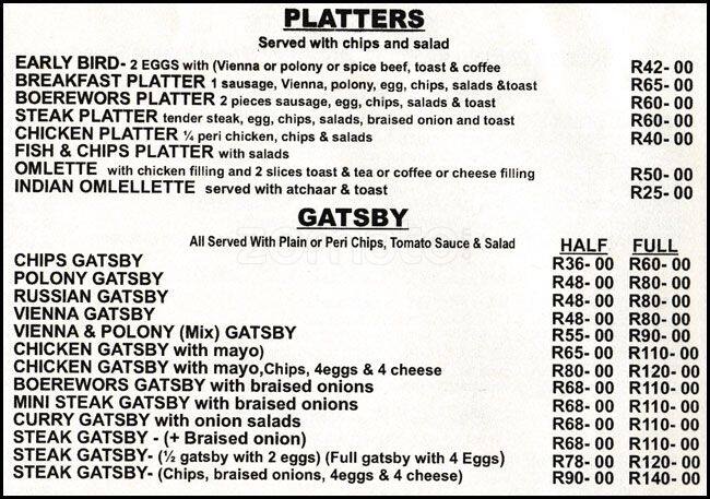 Menu at Picbel, Cape Town