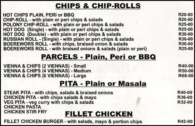 Menu at Picbel, Cape Town