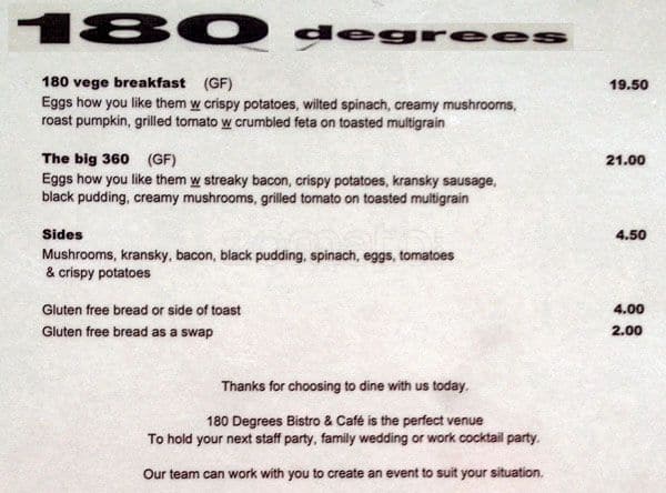 Menu at 180 Degrees Cafe & Bistro, Paraparaumu