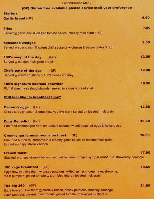 Menu at 180 Degrees Cafe & Bistro, Paraparaumu