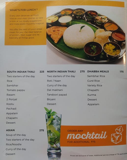 Menu at VB Signature, Chennai