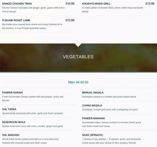 Menu at Khushi's restaurant, Edinburgh