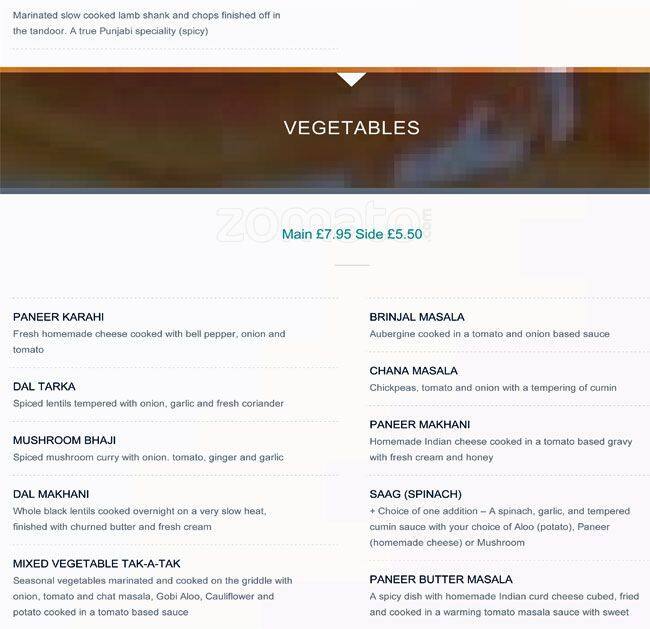 Menu at Khushi's restaurant, Edinburgh