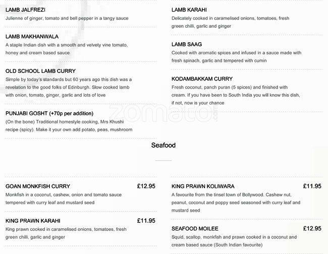 Menu at Khushi's restaurant, Edinburgh