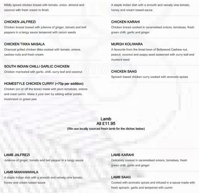 Menu at Khushi's restaurant, Edinburgh