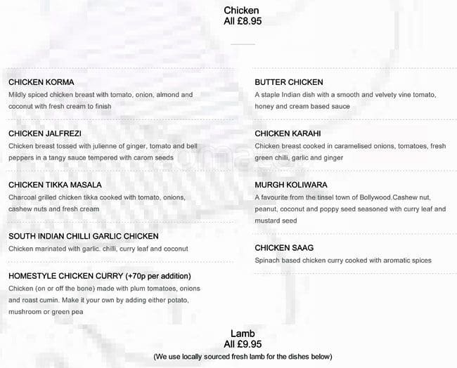 Menu at Khushi's restaurant, Edinburgh