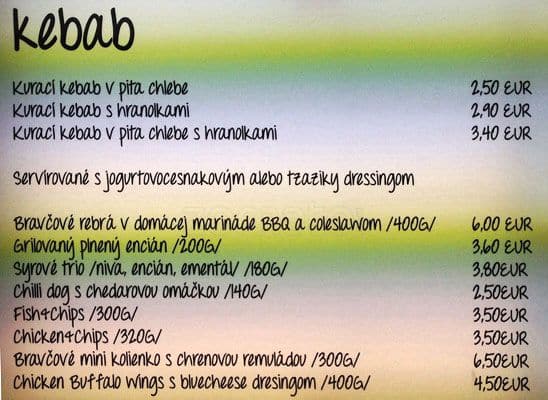 Menu at Priatelia restaurant, Bratislava, Cesta na Senec 2/A