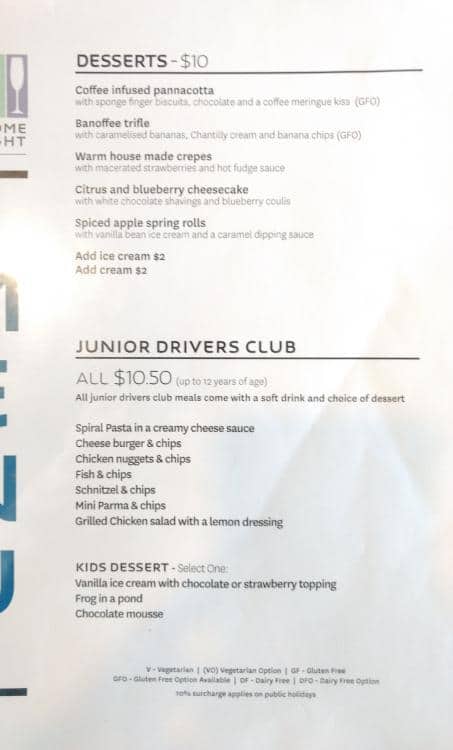 Menu at Tabcorp Park restaurant, Melton